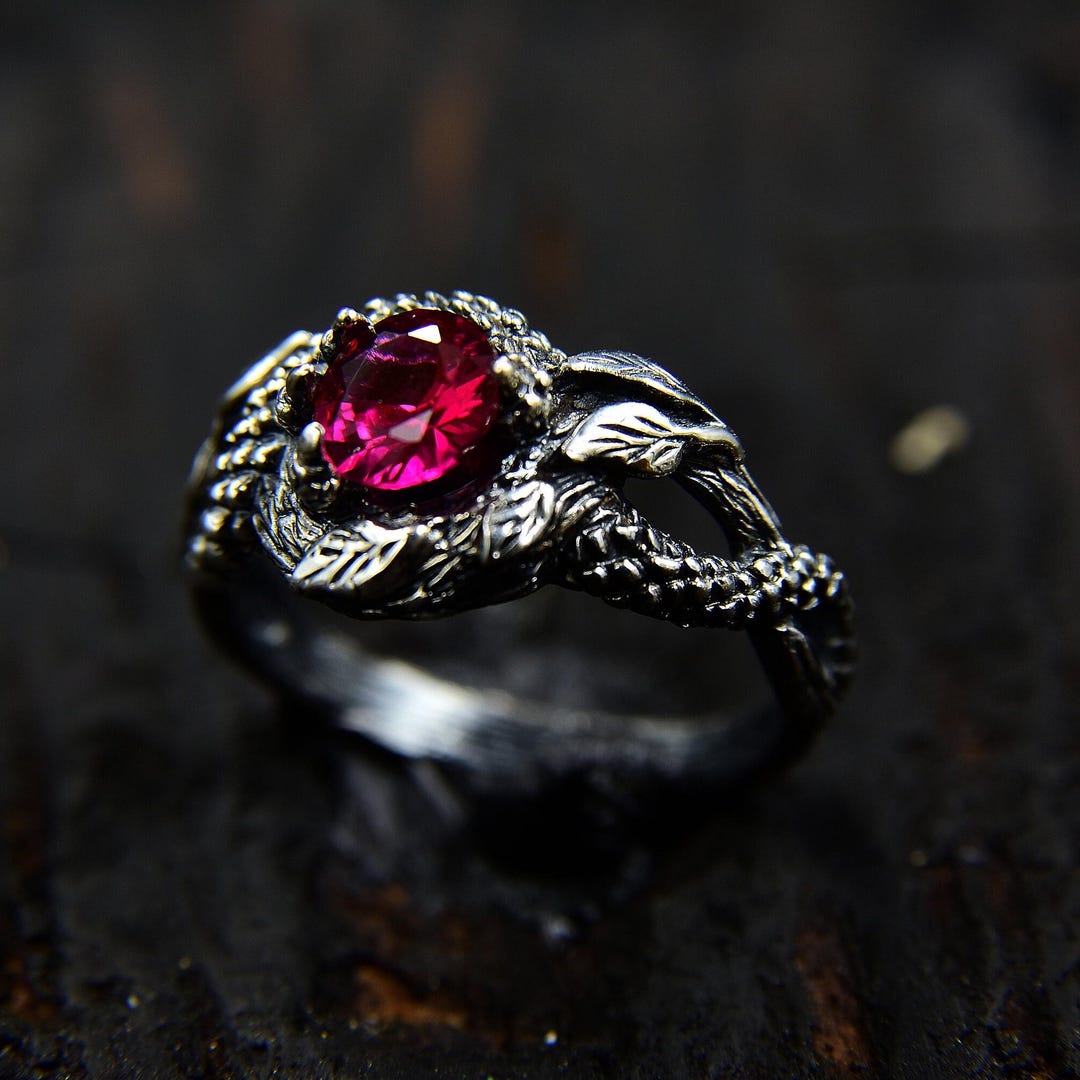 Handcrafted Forest Ruby Dragon Scale Silver Ring - Unique Fantasy ...