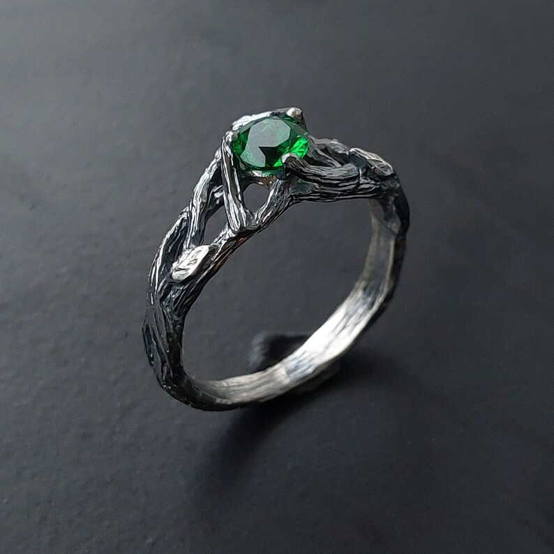 Sterling Silver Branch Engagement Ring With Emerald Unique - Etsy