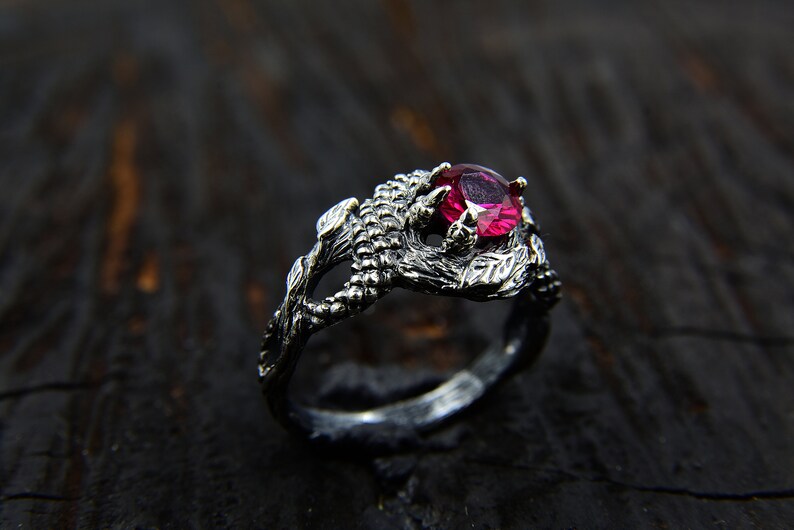 Handcrafted Forest Ruby Dragon Scale Silver Ring Unique - Etsy
