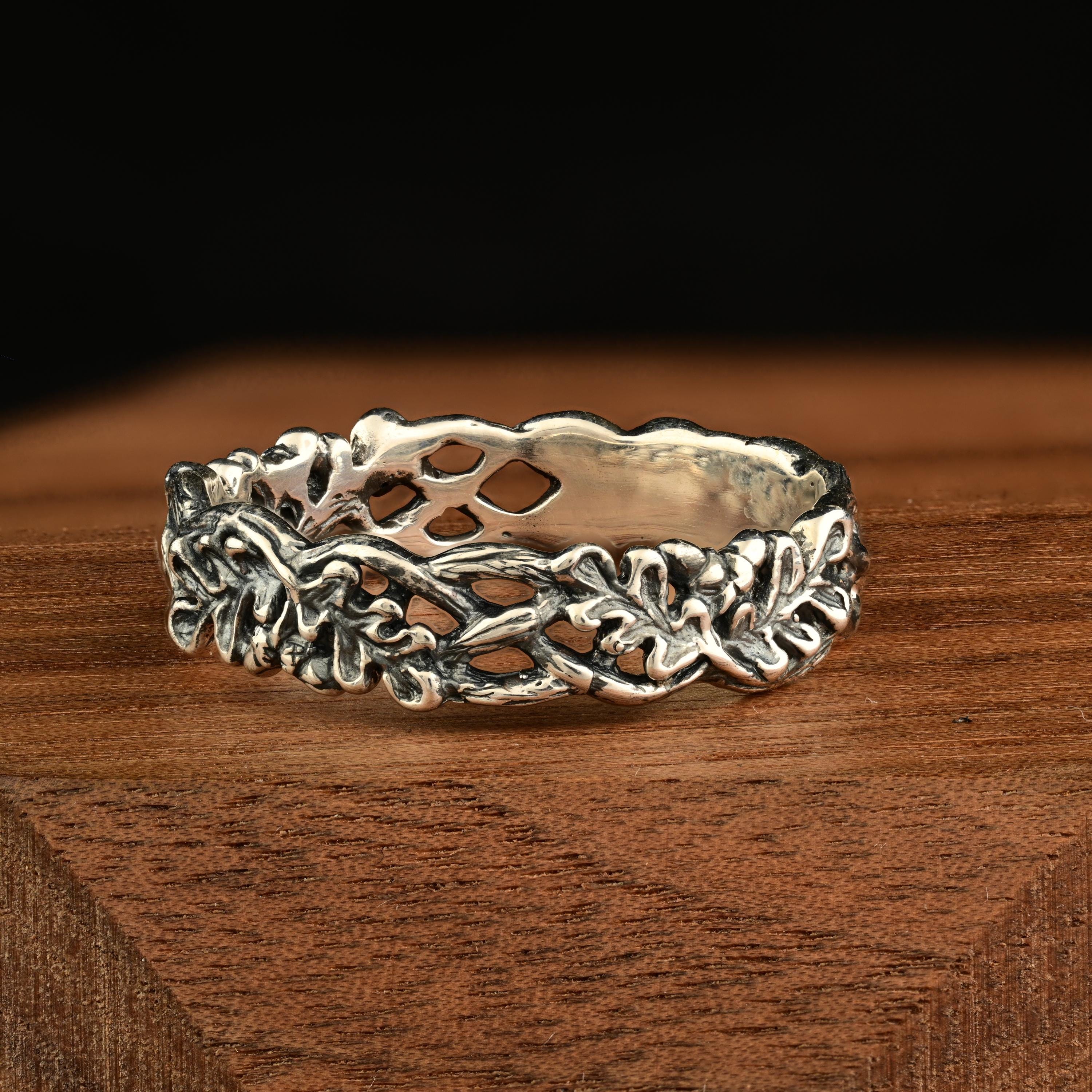 Sterling Silver Leaf Pattern Ring, Boho Nature-inspired Jewelry for ...