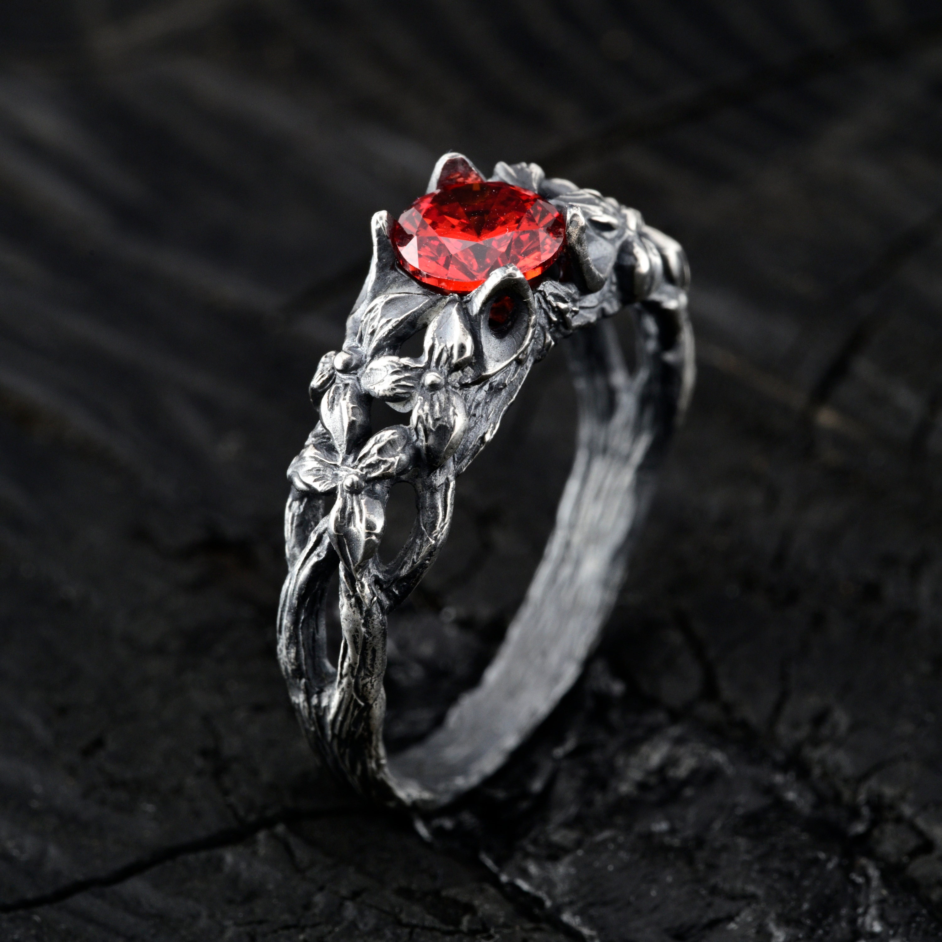 Sterling Silver Ring With Round Red Gemstone and Floral Accents - Etsy