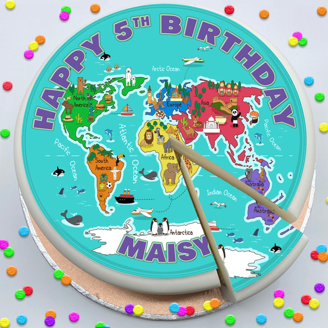 Cute World Map Happy Birthday Personalised Pre-cut Round 7.5 Inch ...
