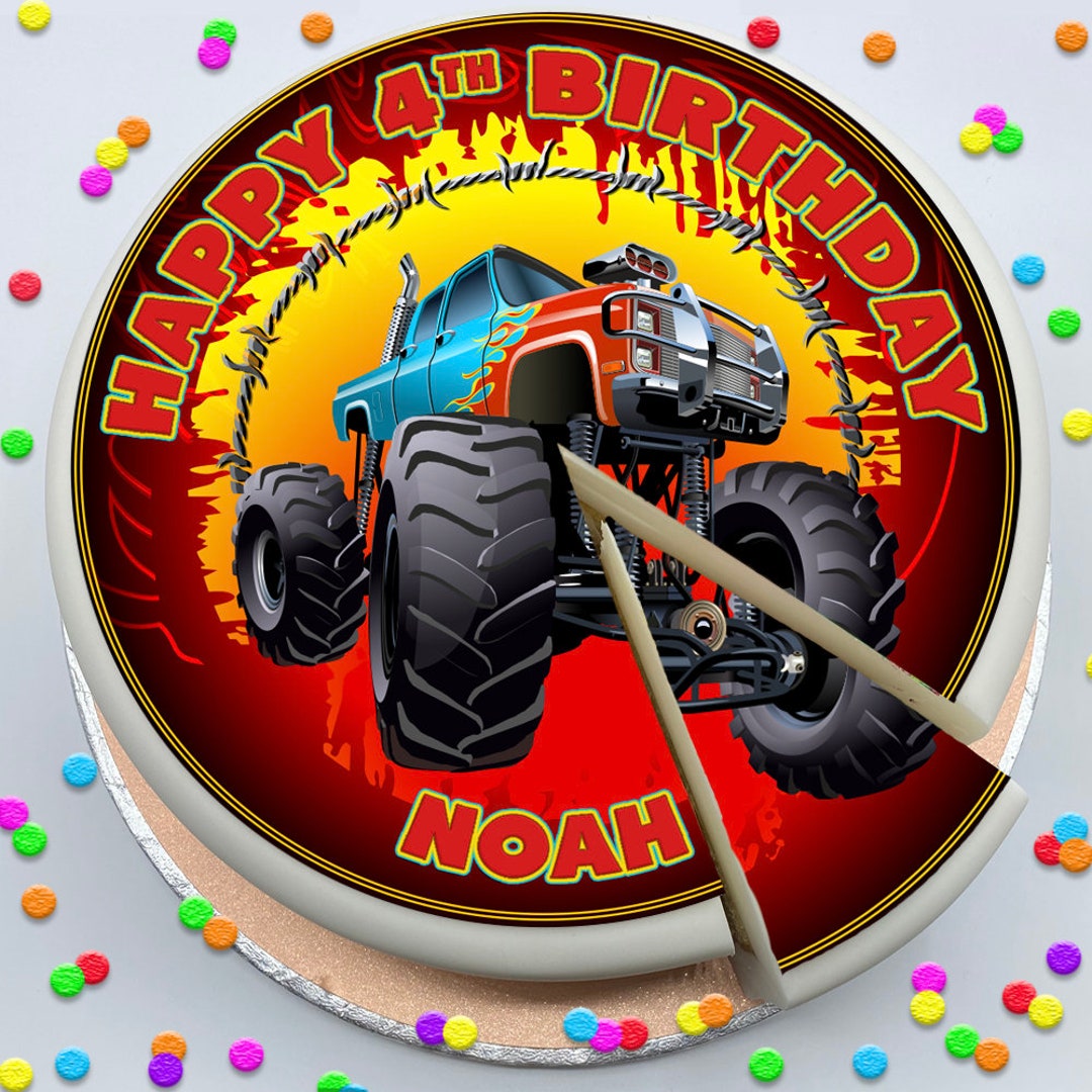 Monster Truck Happy Birthday Personalised Pre-cut Round 7.5 Inch Edible ...