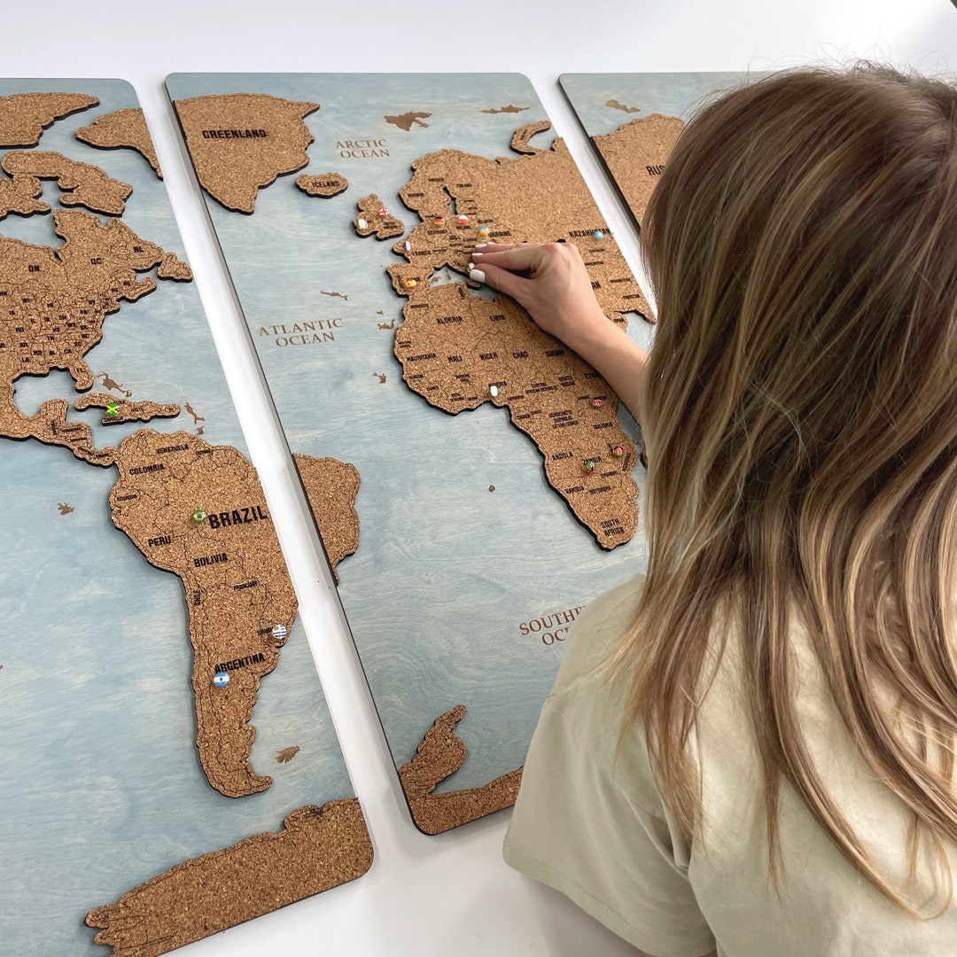 Wood World Map Cork Board World Map Push Pin Map Wall Decor Wall Art ...
