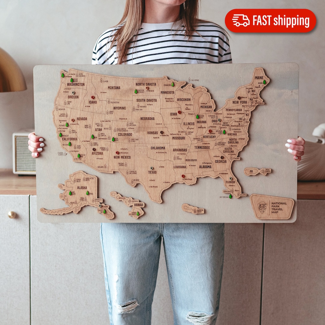 USA National Park Map Wood US Map of United States Map Wooden USA Map ...