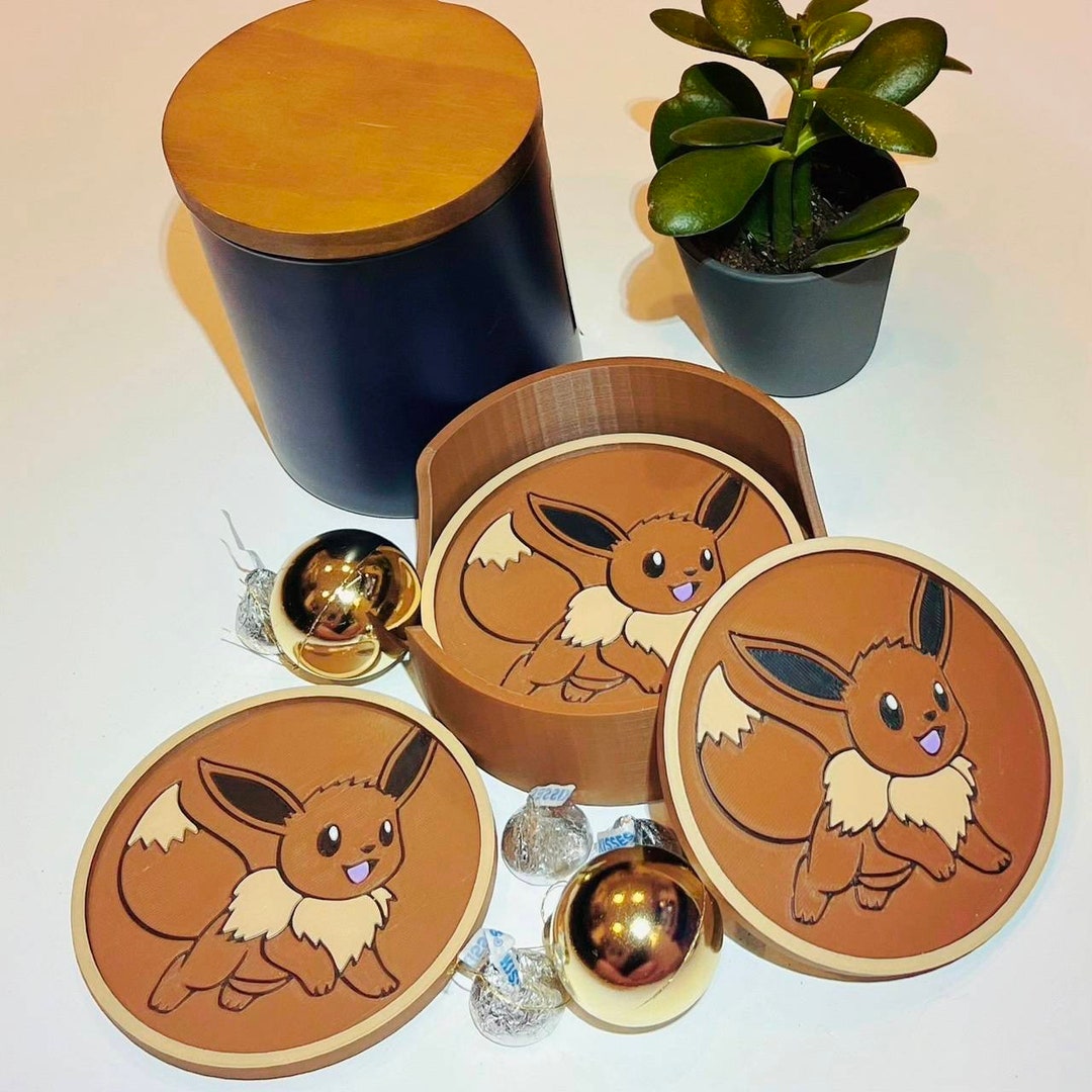 Pokemon Eevee Coaster: Set of 4 Coasters With Poke-ball Coaster Holder ...