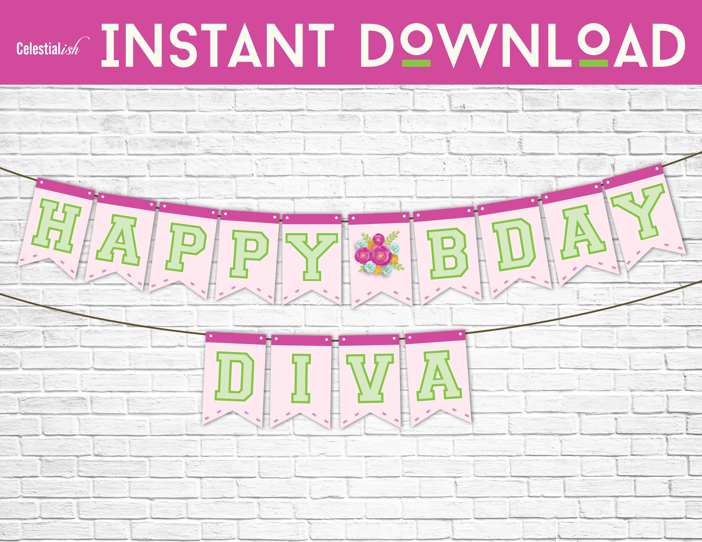 Printable HAPPY BDAY DIVA Banner Pink and Green | Etsy