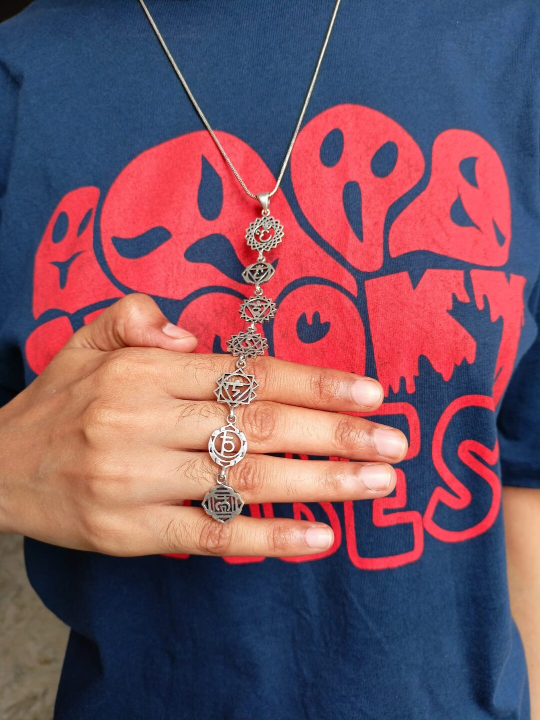 7 Chakras Necklace, OM Brass Pendant and Silver Plated Chain, Indian ...