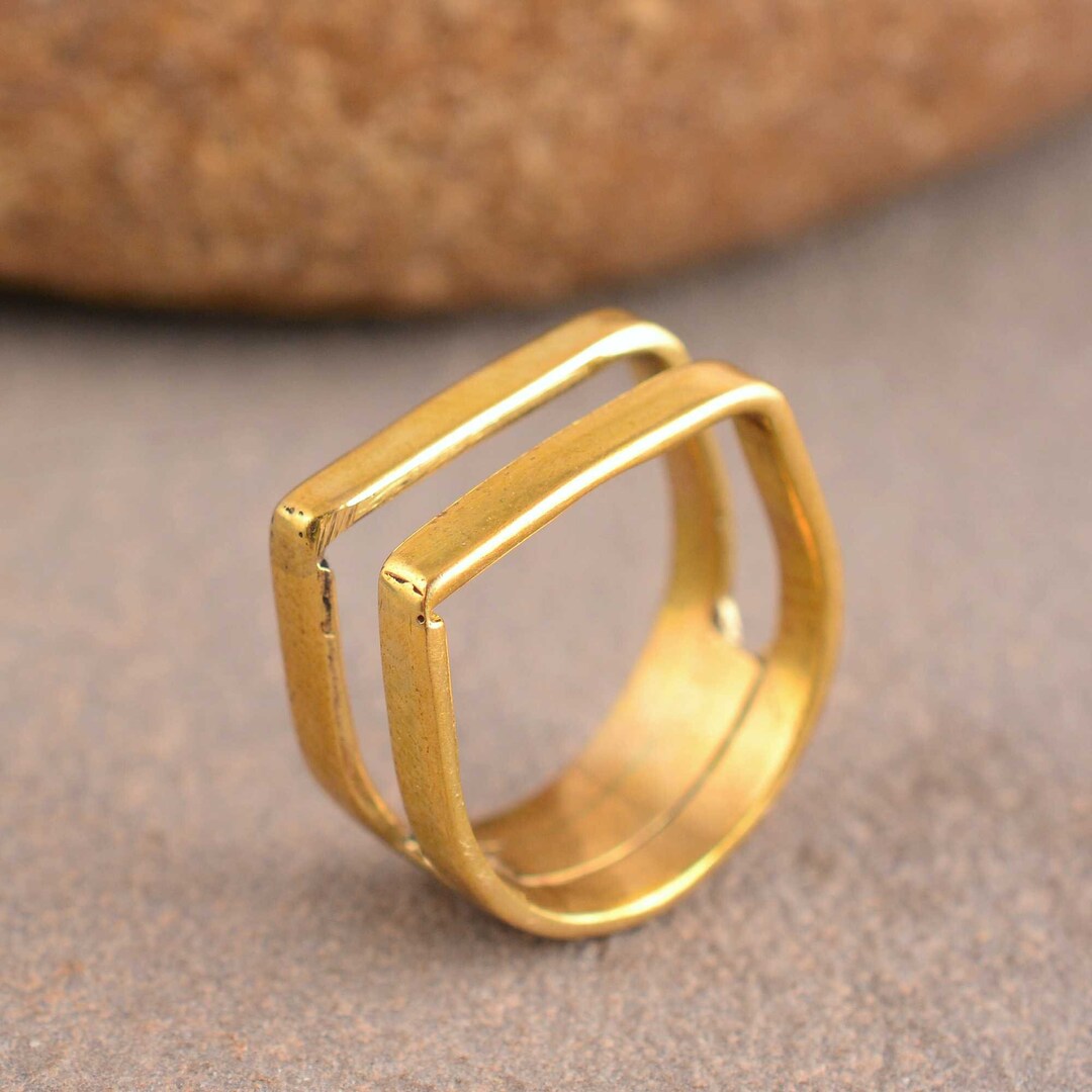 Gold Double Bar Ring, Two Line Ring, Adjustable Ring, Flat Bar Ring, Geometric Ring, Bohemian ...