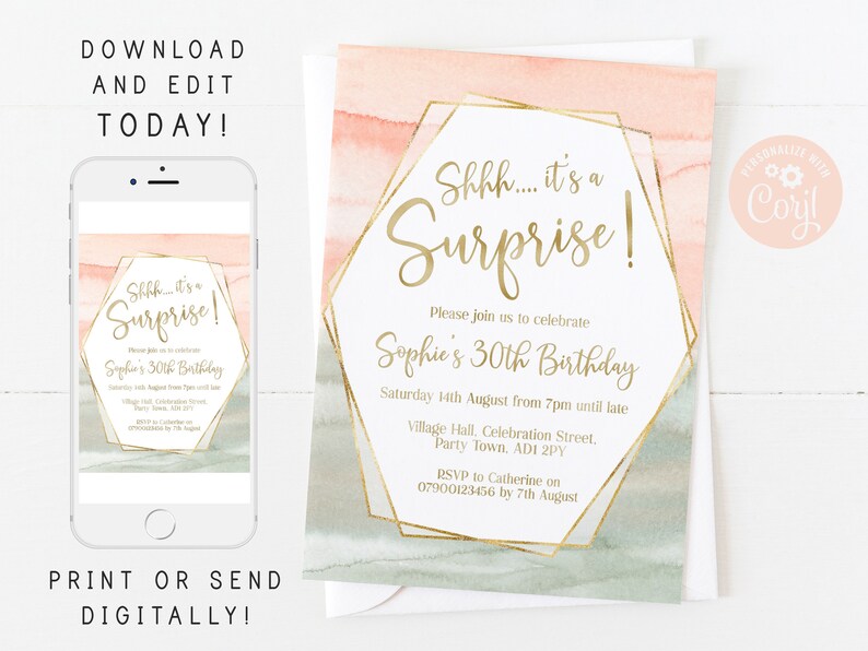 Shhh Its a Surprise, Surprise Invitation for Women, Editable Invite for ...