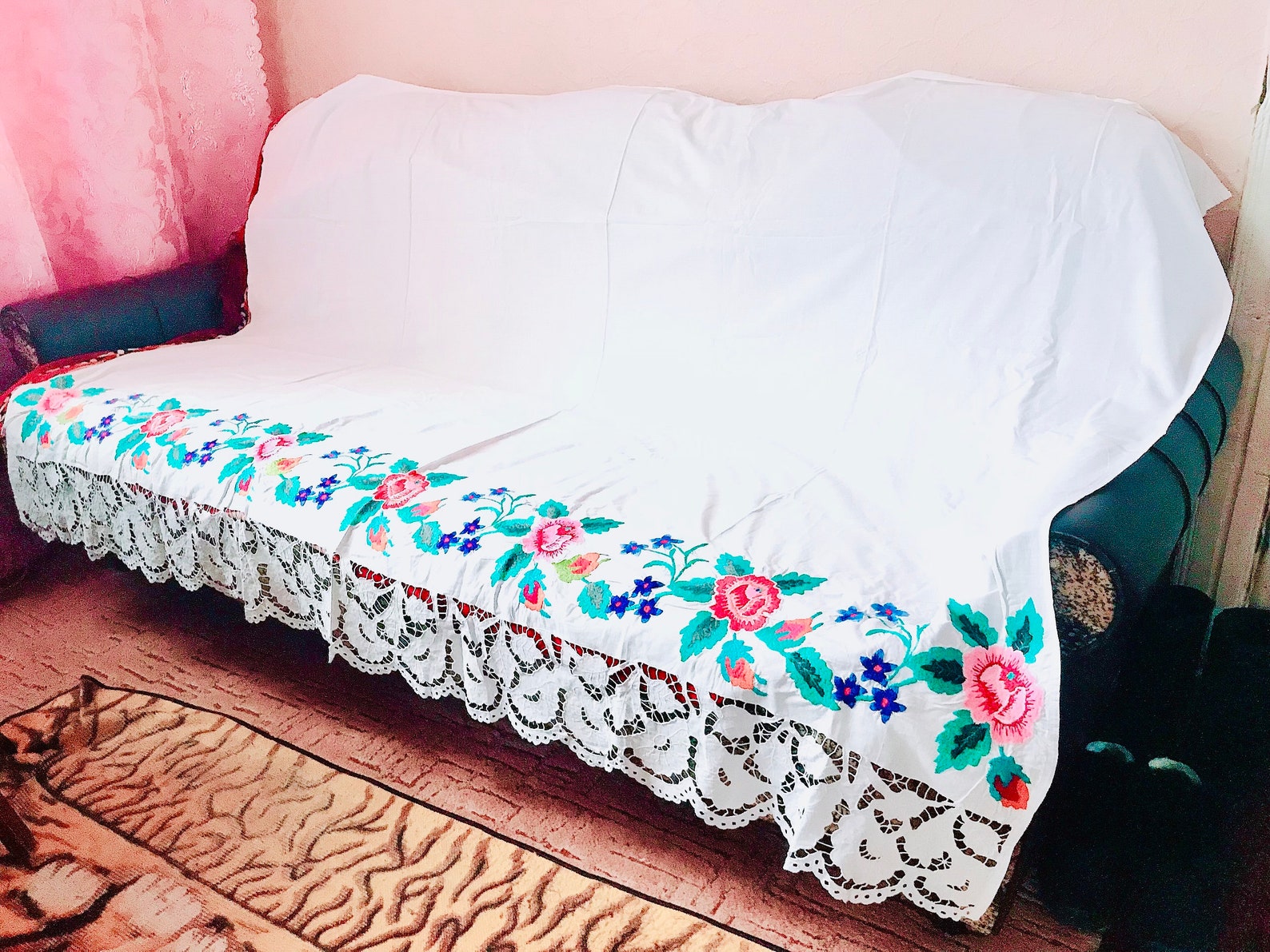 Hand Embroidered Ukrainian Bed Sheet Valance Antique Vintage Romanian ...