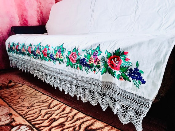 Hand Embroidered Ukrainian Bed Sheet Valance Antique Vintage - Etsy