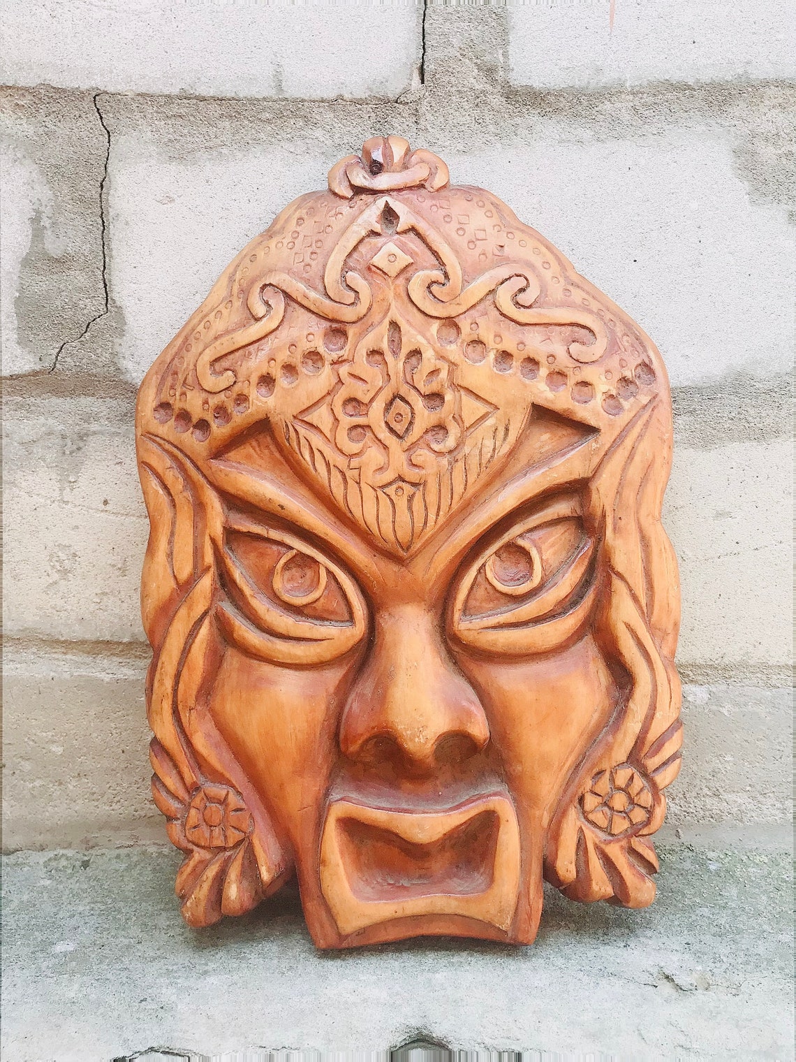 Vintage Carved Wooden Mask on a Wooden Base | Etsy