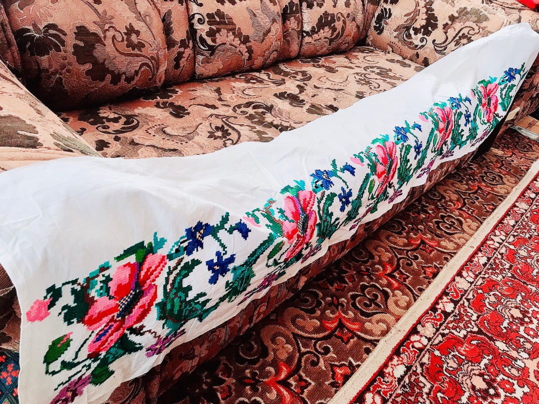Hand Embroidered Ukrainian Bed Sheet Valance Antique Vintage Romanian ...