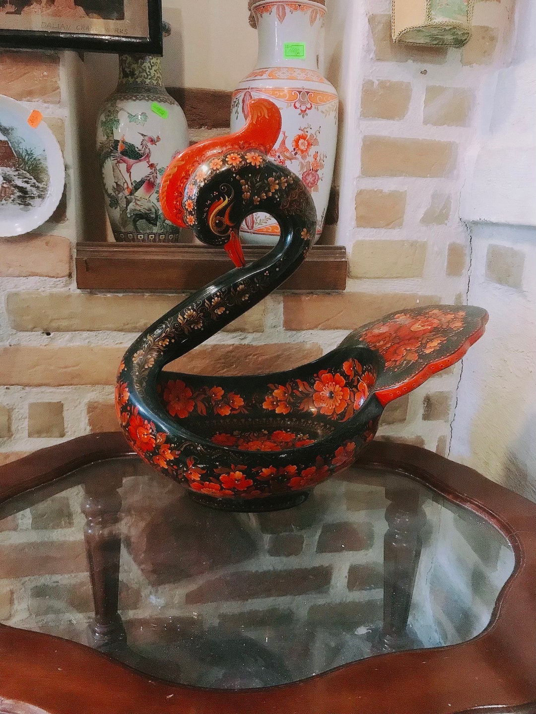 Vintage Folk Craft Khokhloma Swans Lacquered Wooden Serving Decorative ...