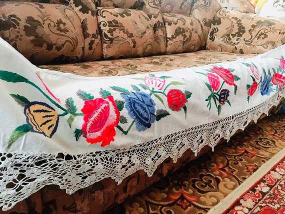 Hand Embroidered Ukrainian Bed Sheet Valance Antique Vintage | Etsy
