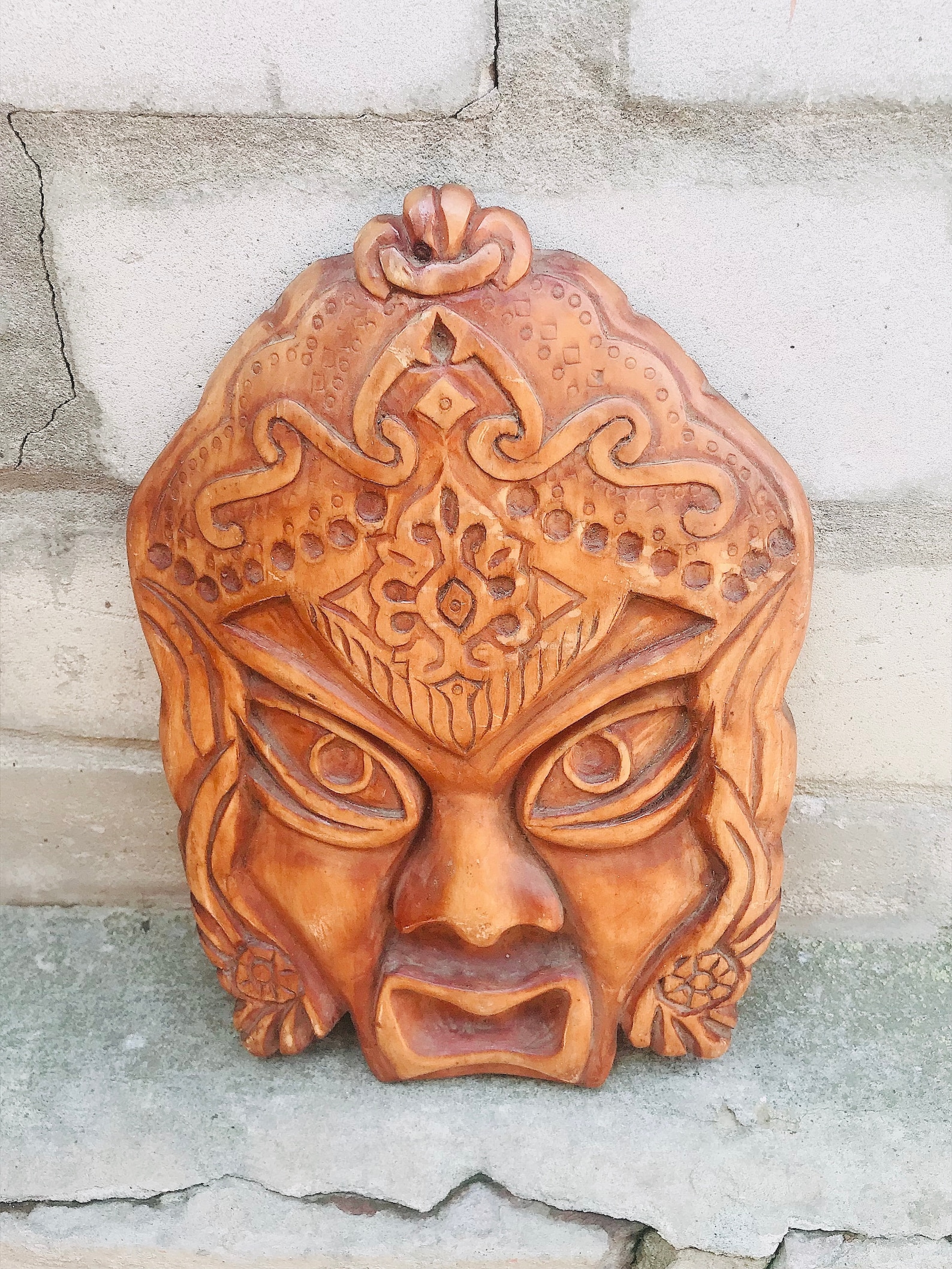 Vintage Carved Wooden Mask on a Wooden Base | Etsy