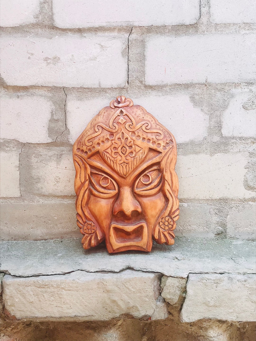 Vintage Carved Wooden Mask on a Wooden Base - Etsy
