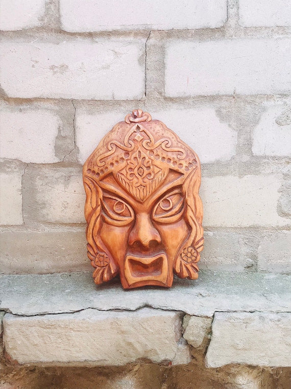 Vintage Carved Wooden Mask on a Wooden Base | Etsy