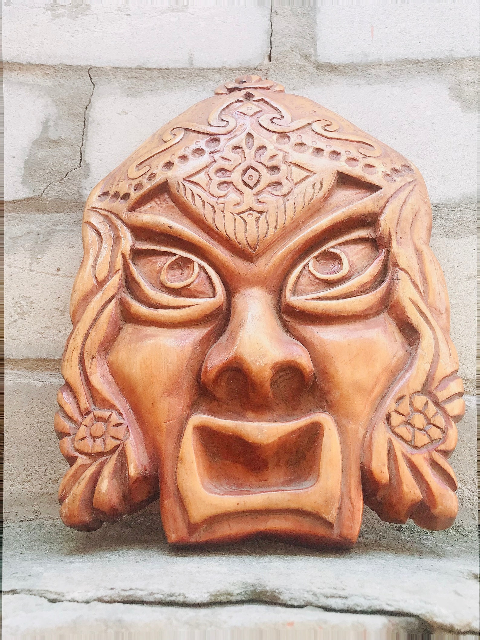Vintage Carved Wooden Mask on a Wooden Base - Etsy