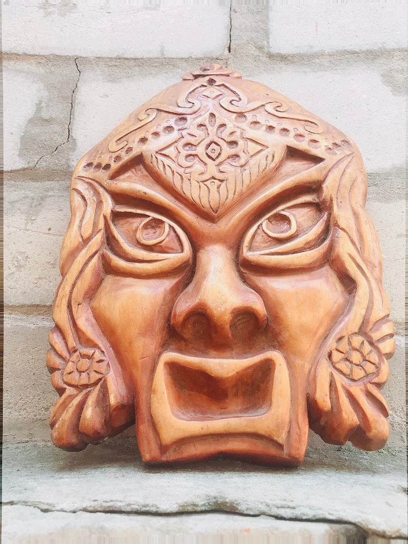 Vintage Carved Wooden Mask on a Wooden Base | Etsy