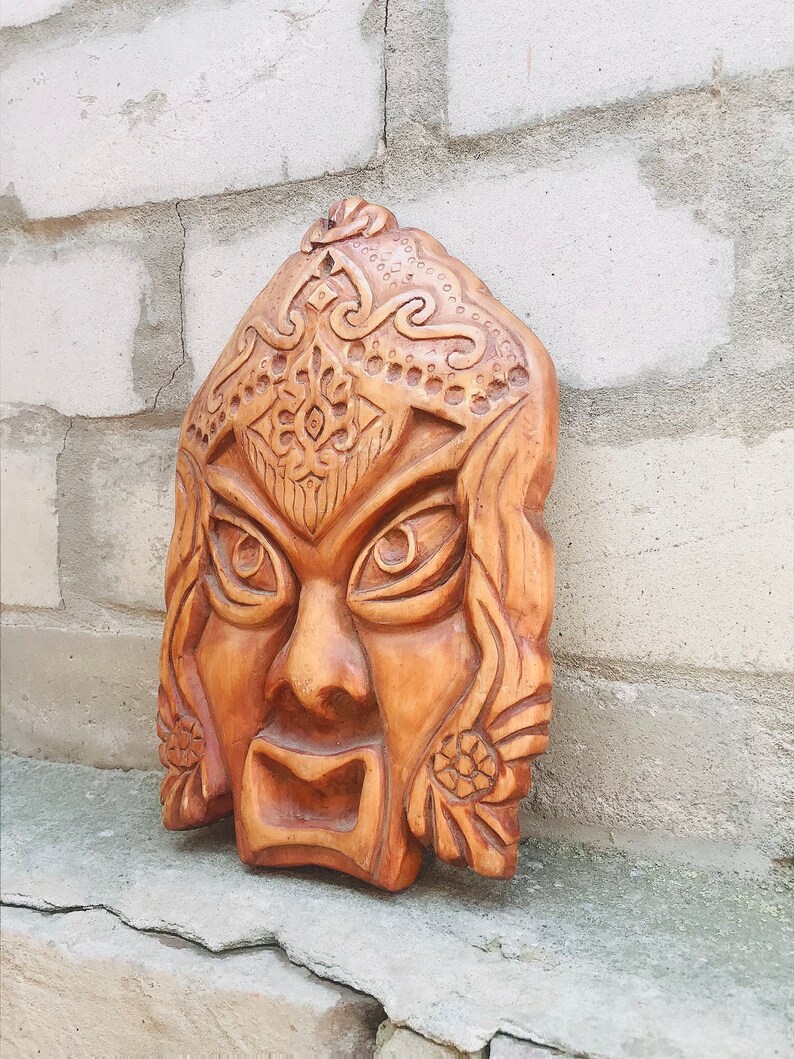 Vintage Carved Wooden Mask on a Wooden Base | Etsy