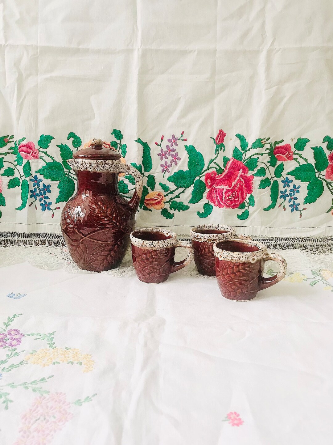 Antique Ancient Earthenware Jug and 3 Cups Rustic Décor Home ...