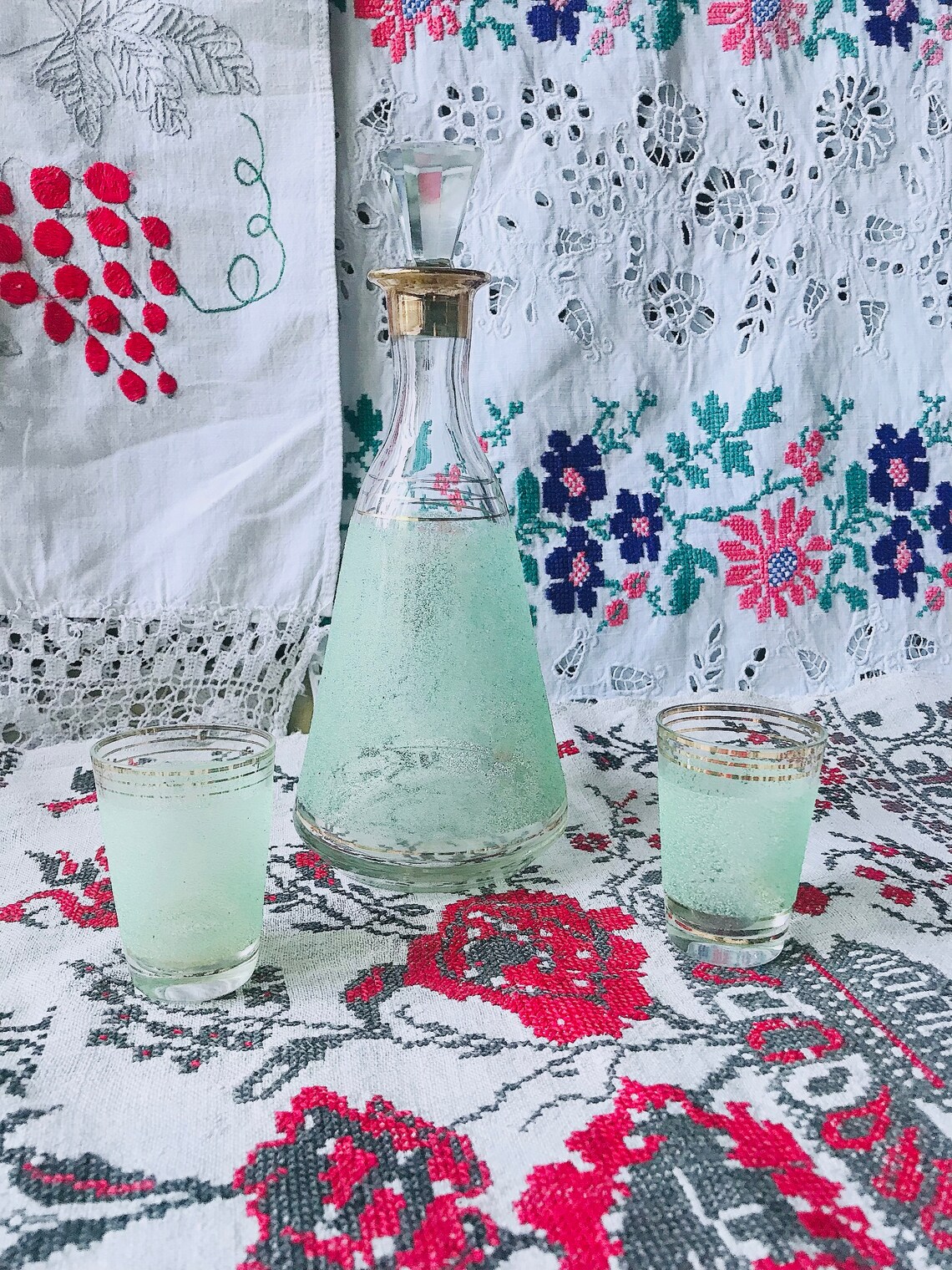 Soviet Glass Wine Bottle and 2 Shot Glasses Vintage Decanter Vodka Wine ...