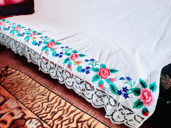 Hand Embroidered Ukrainian Bed Sheet Valance Antique Vintage | Etsy