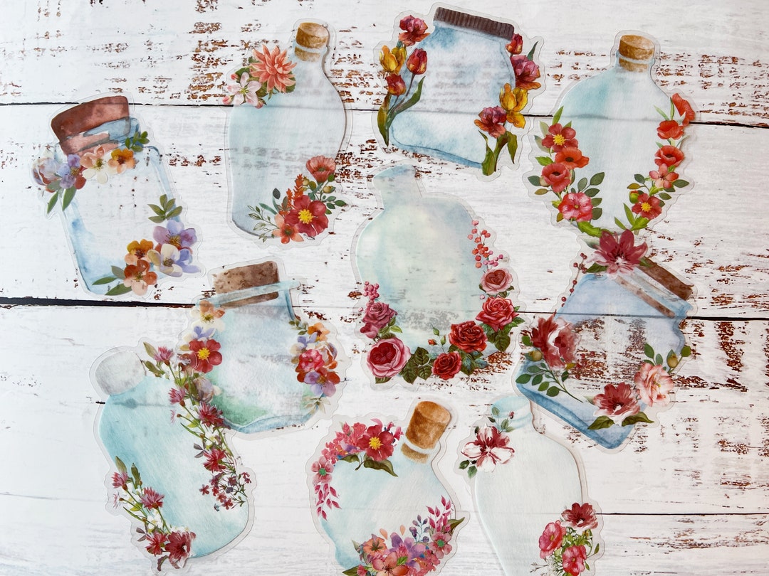 20 Pieces Large Glass Bottle Sticker, Floral Watercolour Bottle Sticker ...