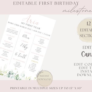 One Year of Baby Sign First Birthday Milestone Board, Floral Eucalyptus ...