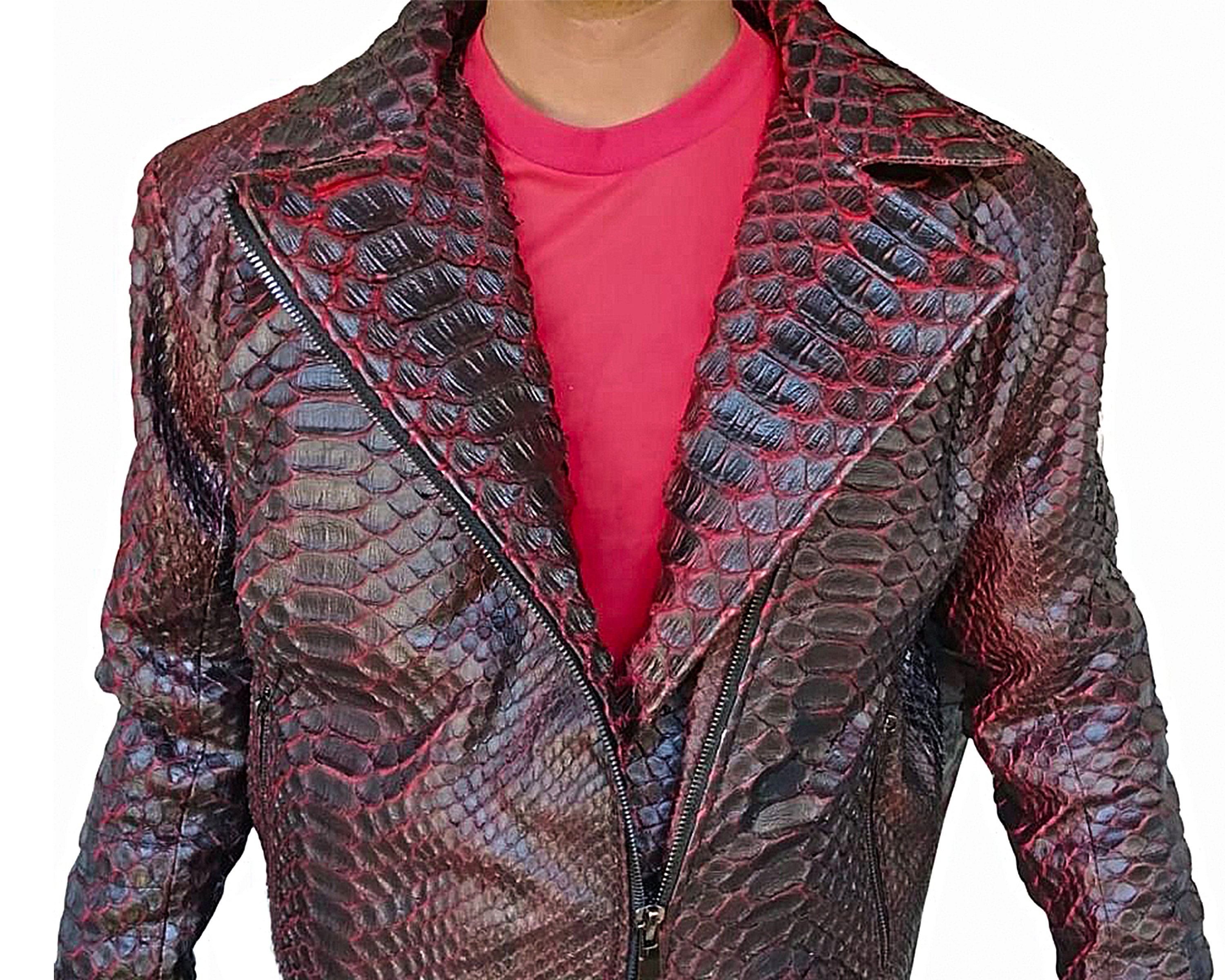 Black King Python Snakeskin Motorcycle Leather Jacket with Red Gradation