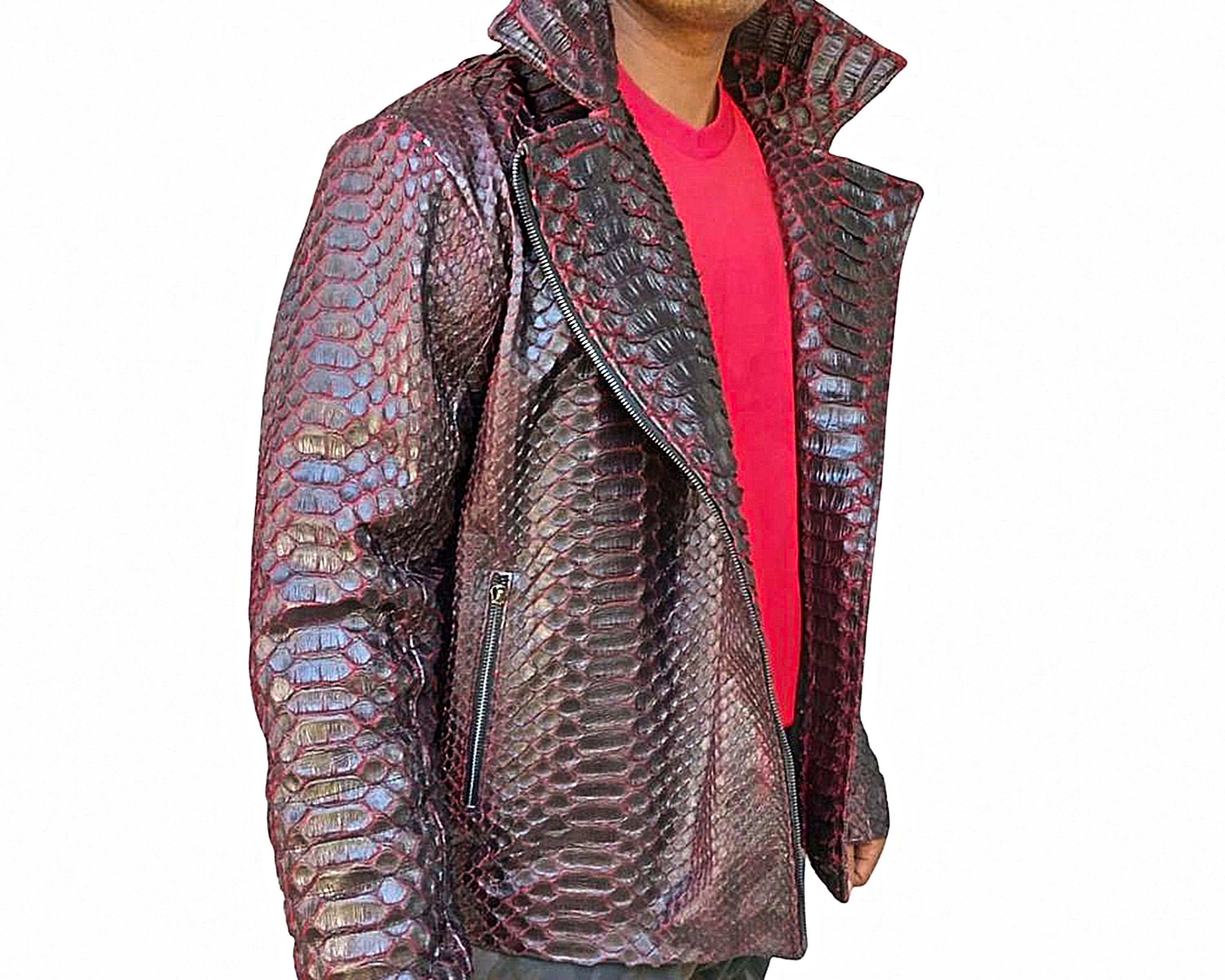 Black King Python Snakeskin Motorcycle Leather Jacket with Red Gradation