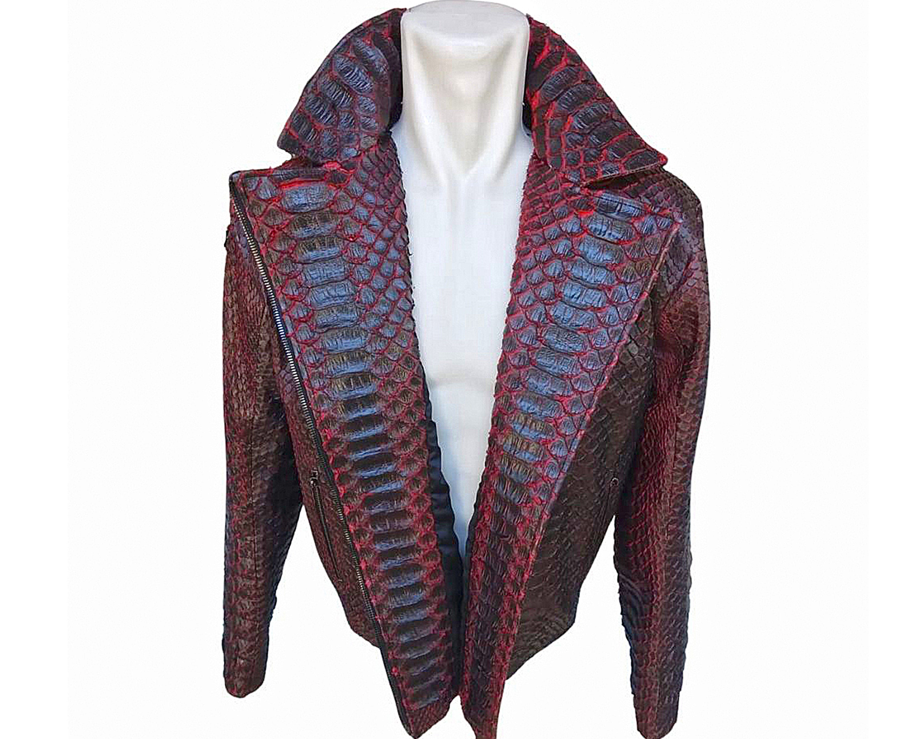 Black King Python Snakeskin Motorcycle Leather Jacket with Red Gradation