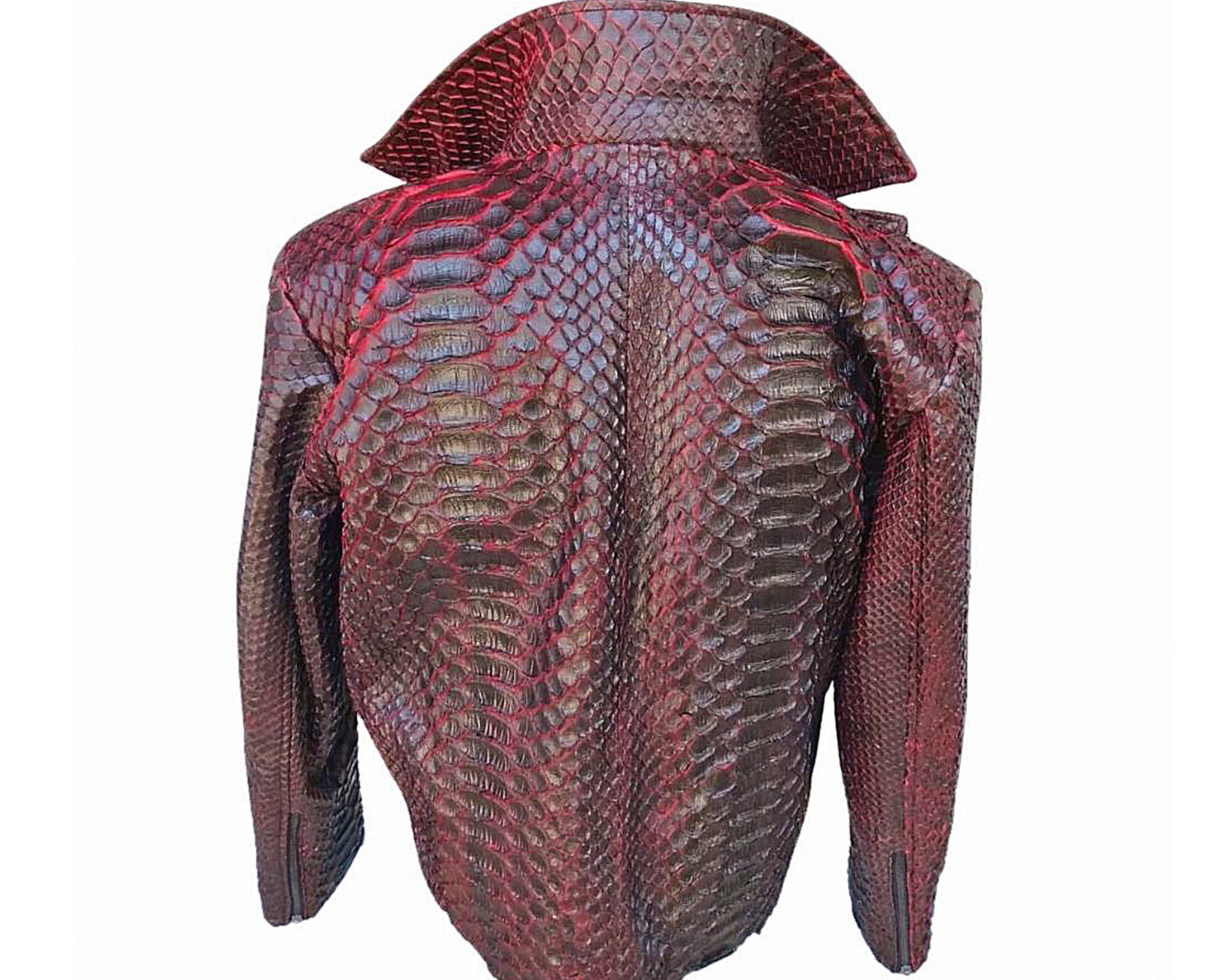 Black King Python Snakeskin Motorcycle Leather Jacket with Red Gradation
