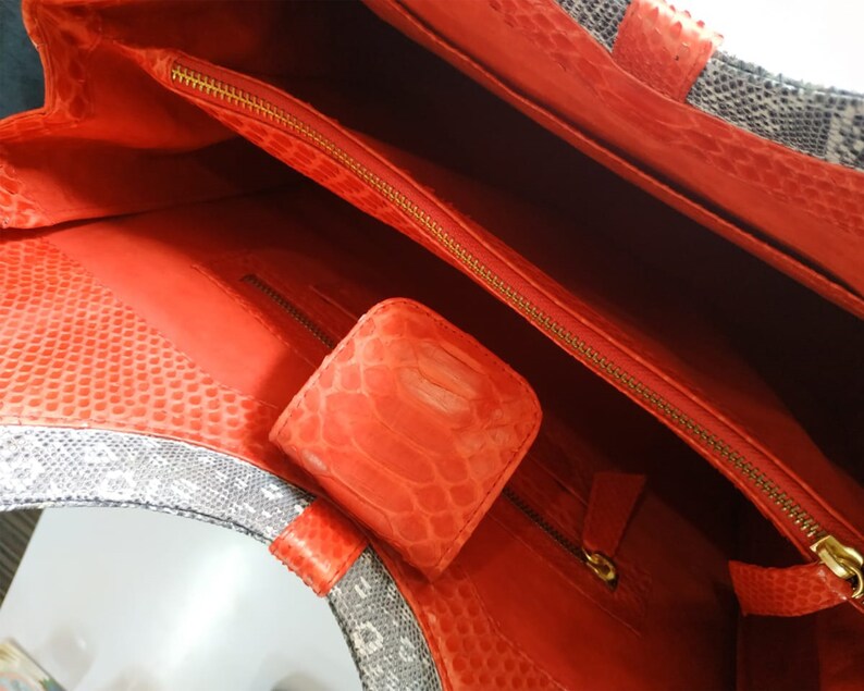 Red Tote Python Snakeskin Women Bag With Natural Lizard Skin Trim Plus ...