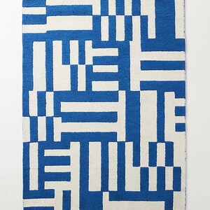 Modern Blue and White Bamboo Loop High Low Area Rug Handmade Hand ...