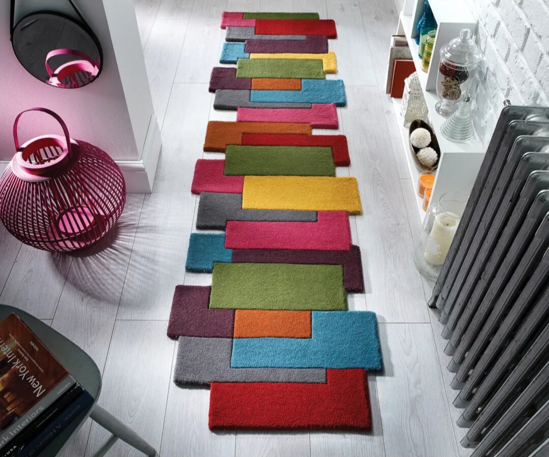 Hand Made Runner Palette Geometric Colour Block Wool Runner Rug in ...