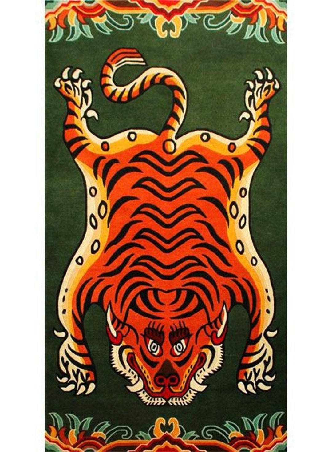 Tibetan Tiger Rug Green Tiger Rug Hand Tufted Tiger Rug Green Orange ...