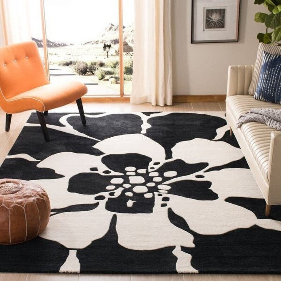 Handmade Soho Kristen Floral Wool Rug Moder,white Rug,black Rug,9x12 ...