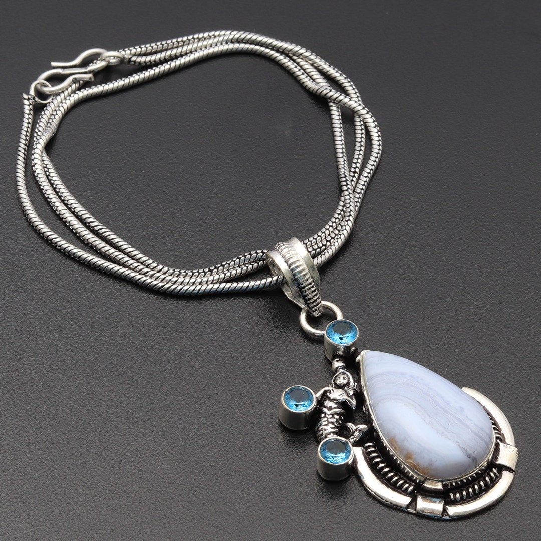 Blue Lace Onyx Gemstone Chain Necklace Jewelry Woman Chain Pendant ...
