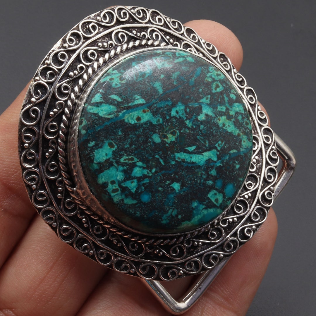 Chrysocolla Belt Buckle, Gemstone Belt Buckle Sterling Silver Plated ...