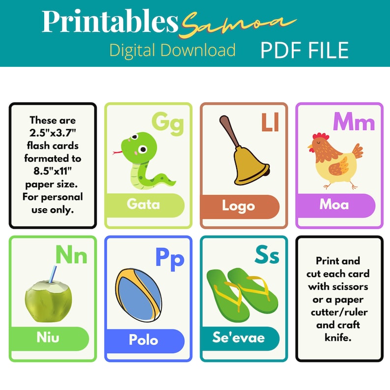 Samoan Printable Alphabet, Activity Instant Download, Flash Cards ...