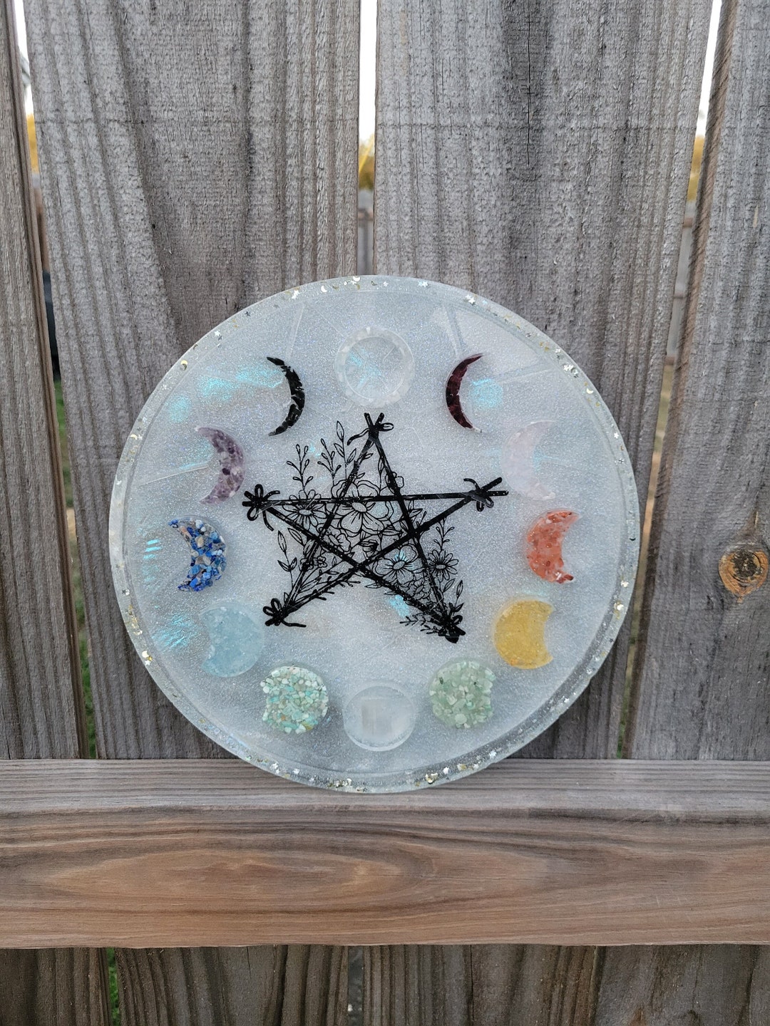 Pentagram Crystal Altar Tray: Moon Phases, Hand-poured Resin - Etsy