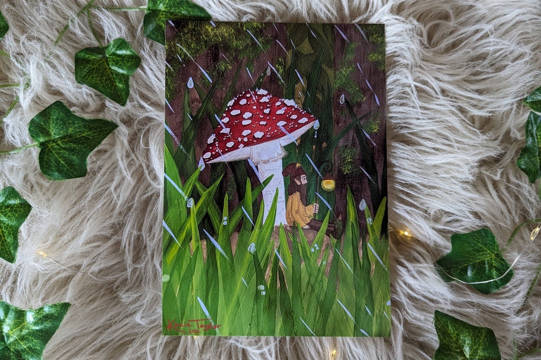 Woodland Gnome Resting Under a Mushroom to Wait for the Rain to Pass ...