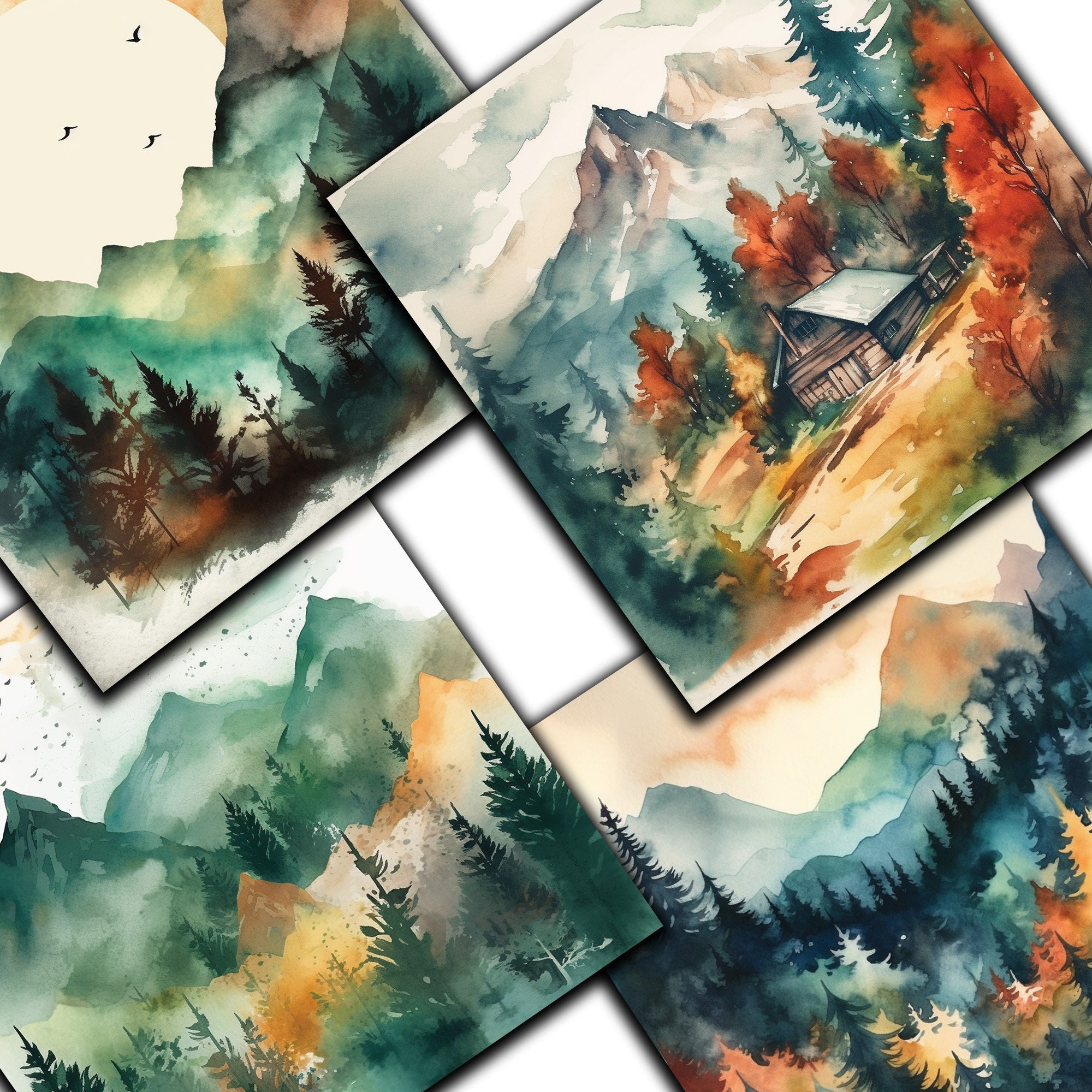 Watercolor Mountain Digital Paper - Scenic Landscape Patterns for ...