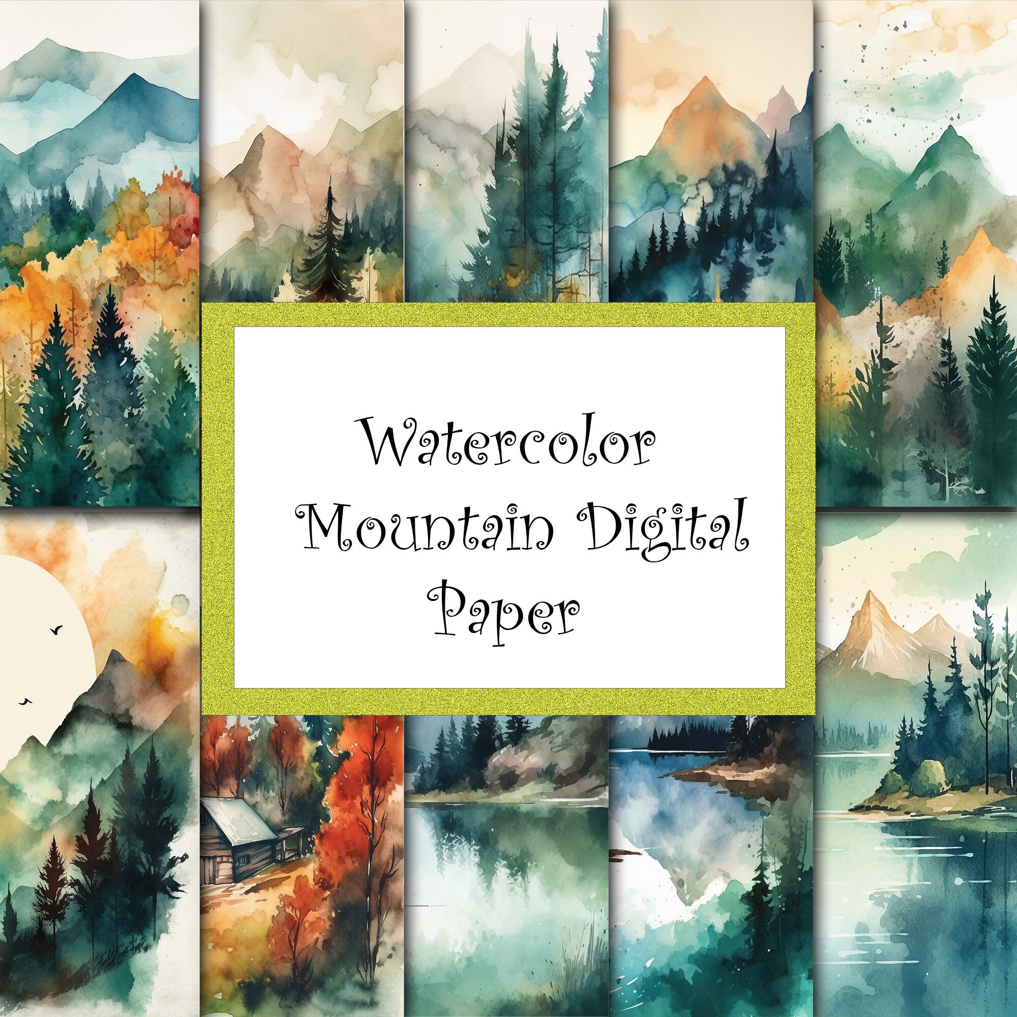 Watercolor Mountain Digital Paper - Scenic Landscape Patterns for ...