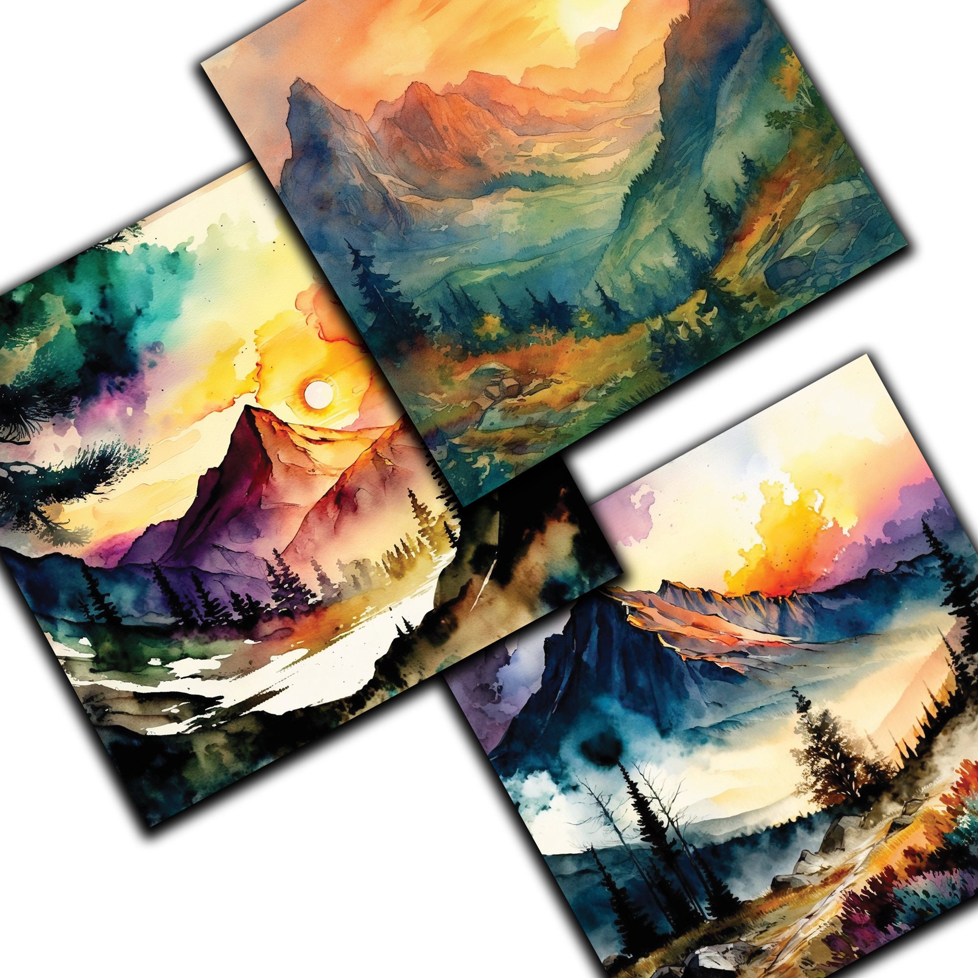Watercolor Mountain Sunset Digital Paper Mountain Paper Mountain ...