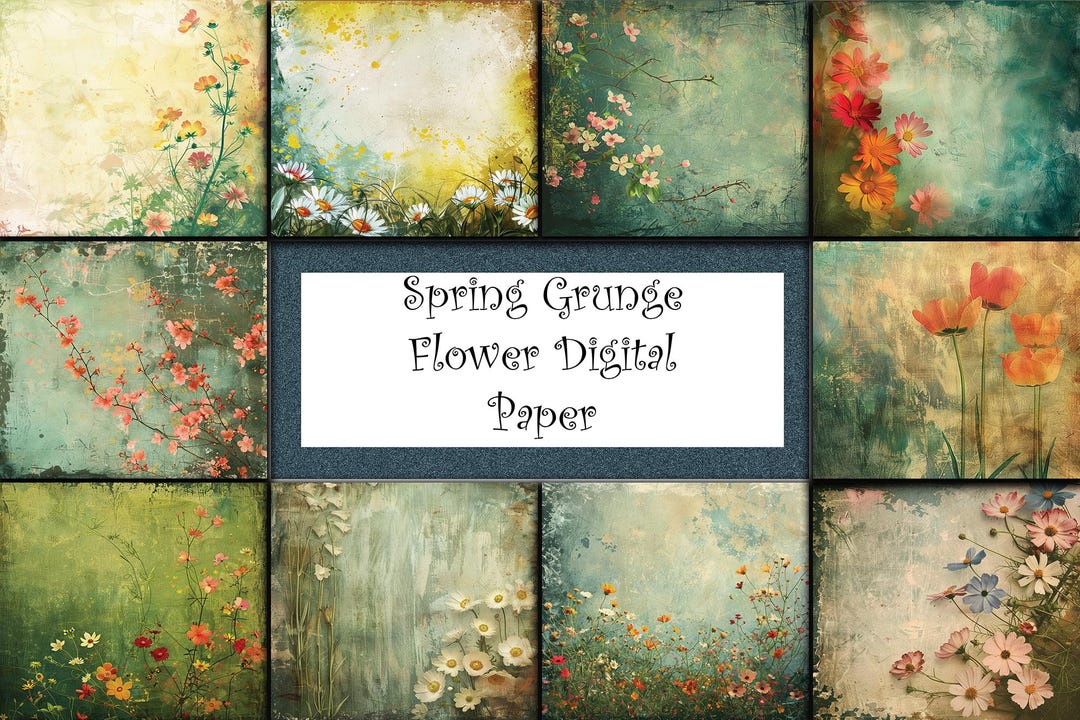 Spring Grunge Flowers Digital Paper – Distressed Floral Backgrounds for ...