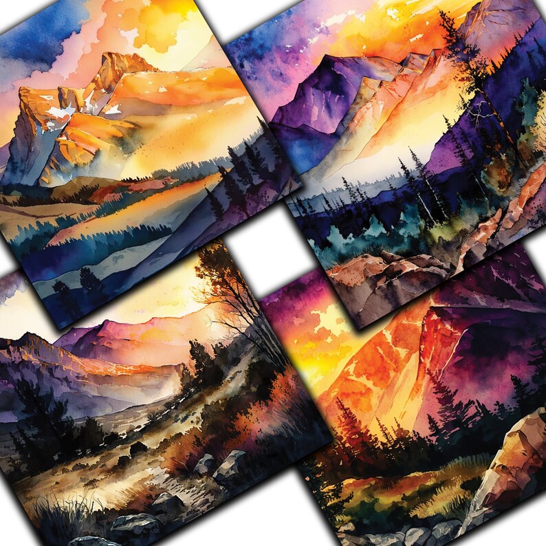 Watercolor Mountain Sunset Digital Paper Mountain Paper Mountain ...